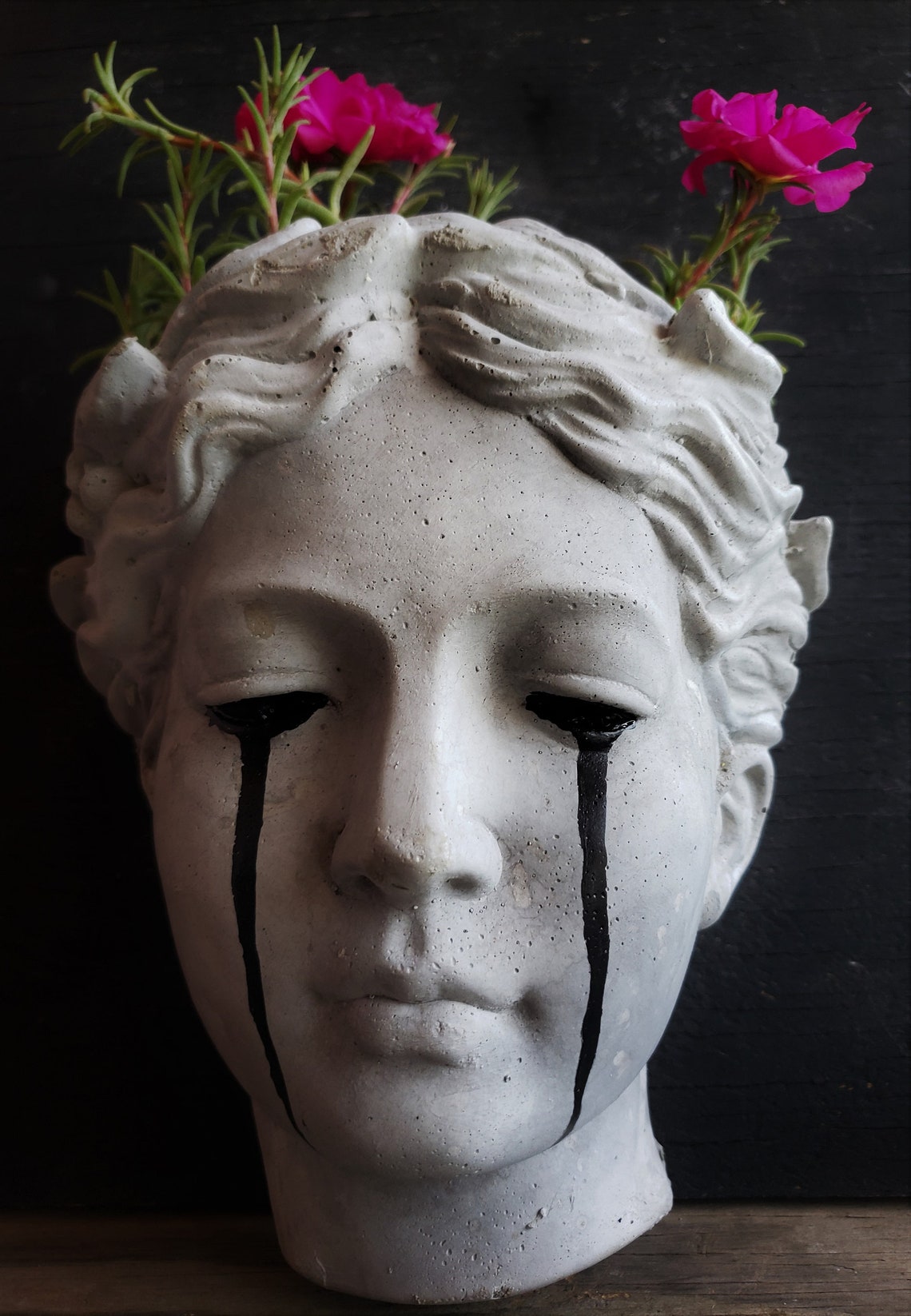 Woman head planter roman greek goddess crying black emo cement | Etsy