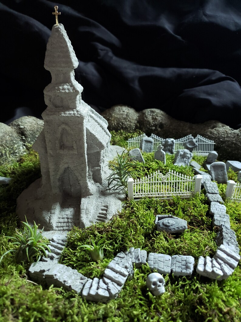 Spooky Creepy Mini Church Cathedral Cement Gothic Garden Terrarium ...