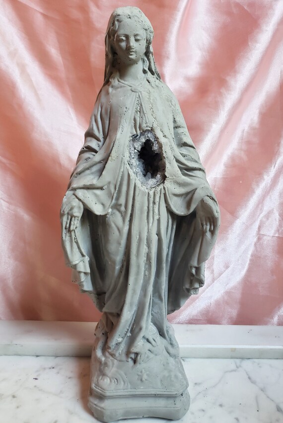 Virgin Mary Statue With Real Quartz Crystal Cluster Geode - Etsy