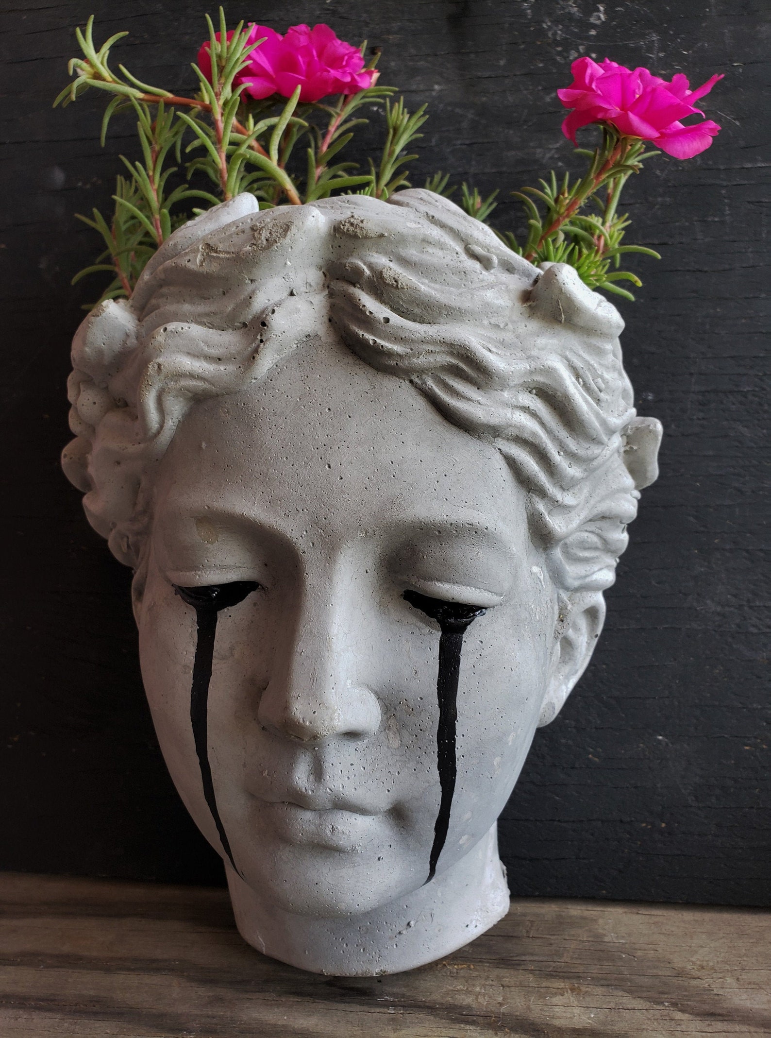 Woman Head Planter Roman Greek Goddess Crying Black Emo Cement | Etsy