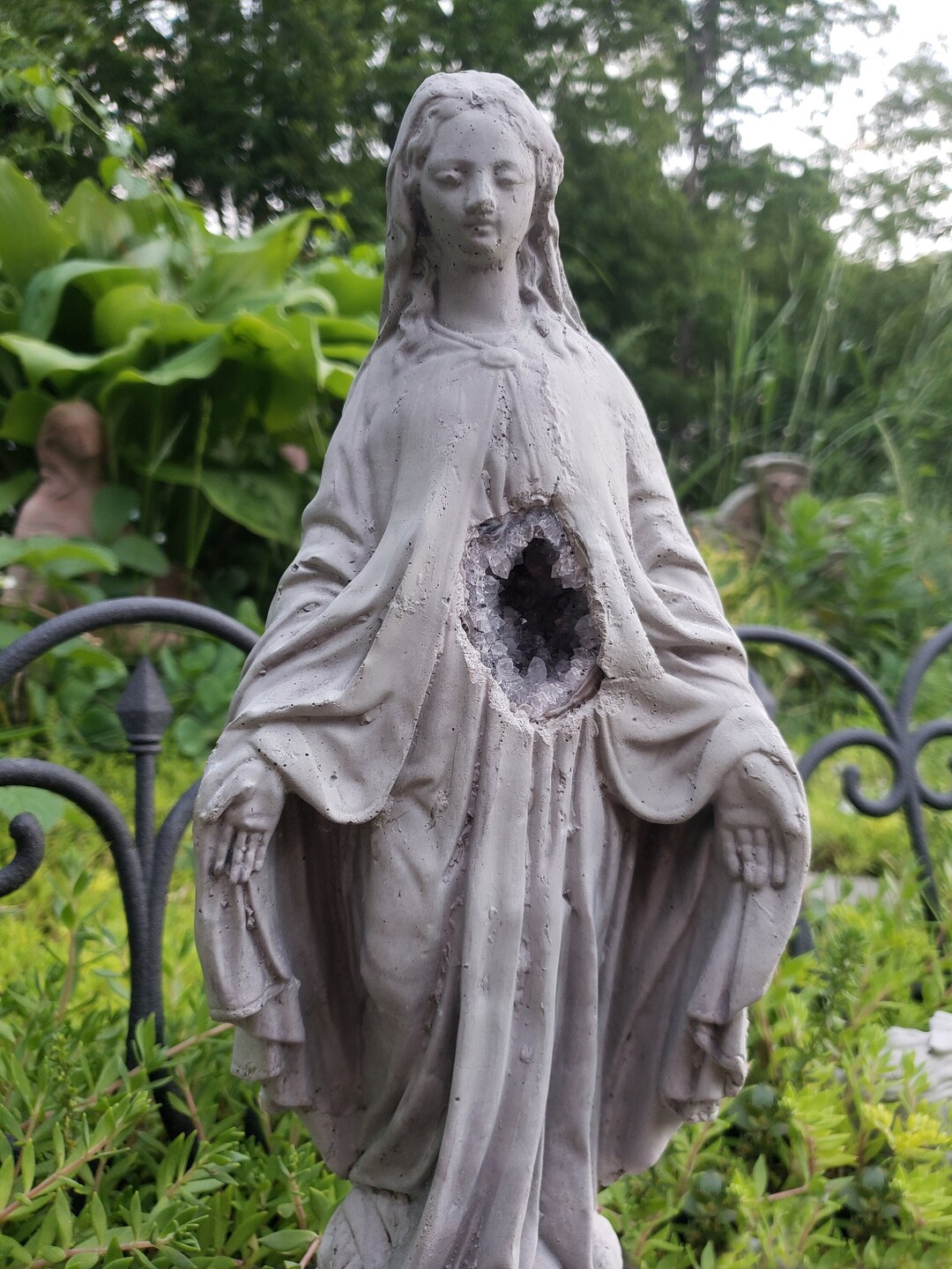 Virgin Mary Statue With Real Quartz Crystal Cluster Geode Garden Decor ...