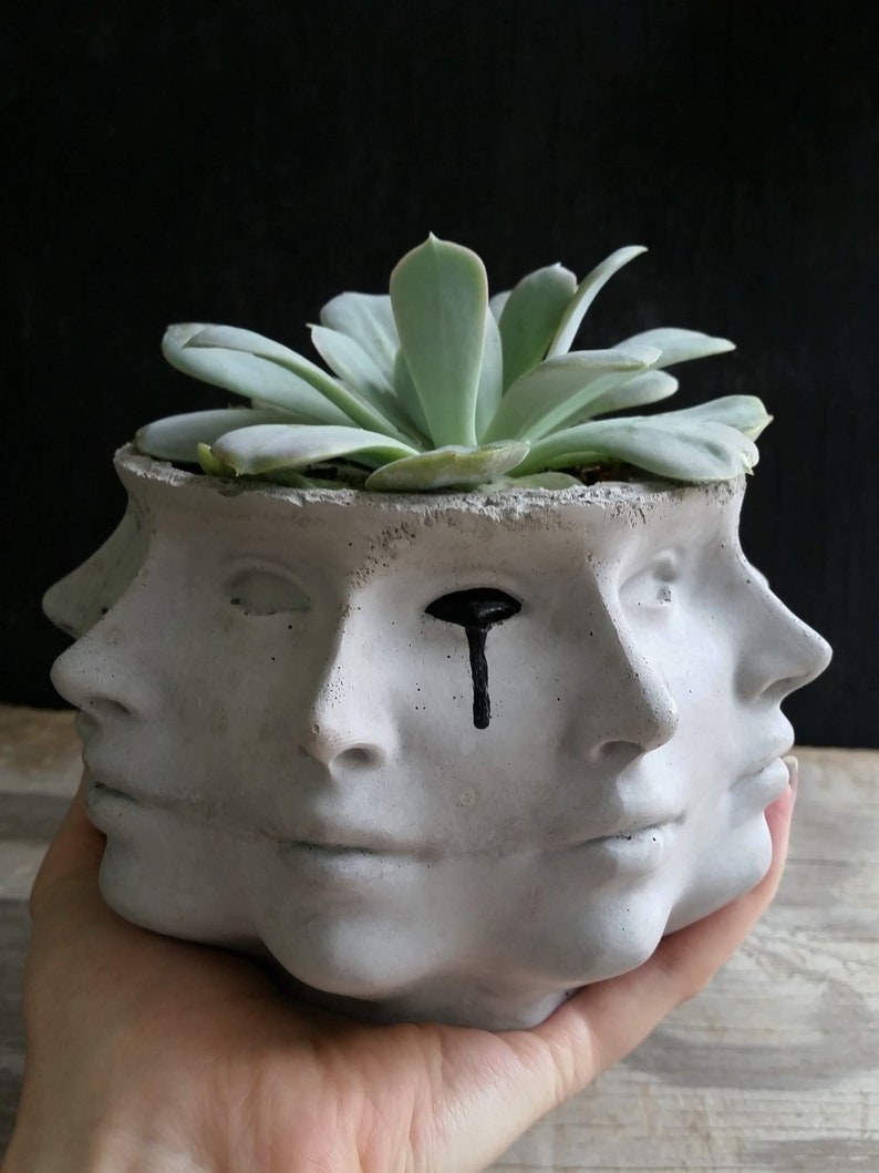 Faces planter with black crying eye creepy cute cement cactus | Etsy