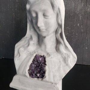 Virgin Mary Bust Statue With Real Amethyst Crystal Cluster Geode Decor ...