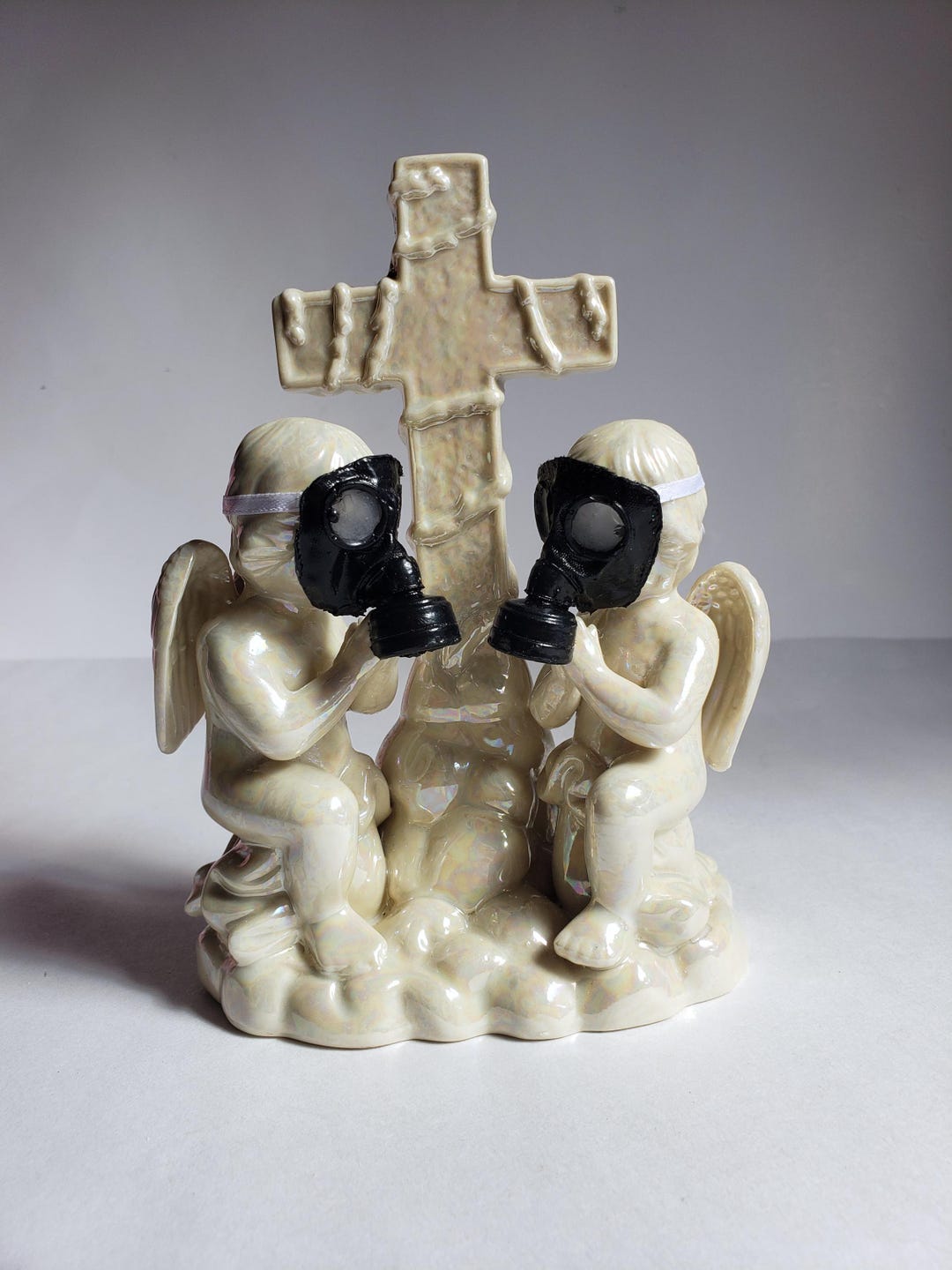 Gas Mask Porcelain Angel Cherub Cross Statue Apocalypse Art Statue With ...