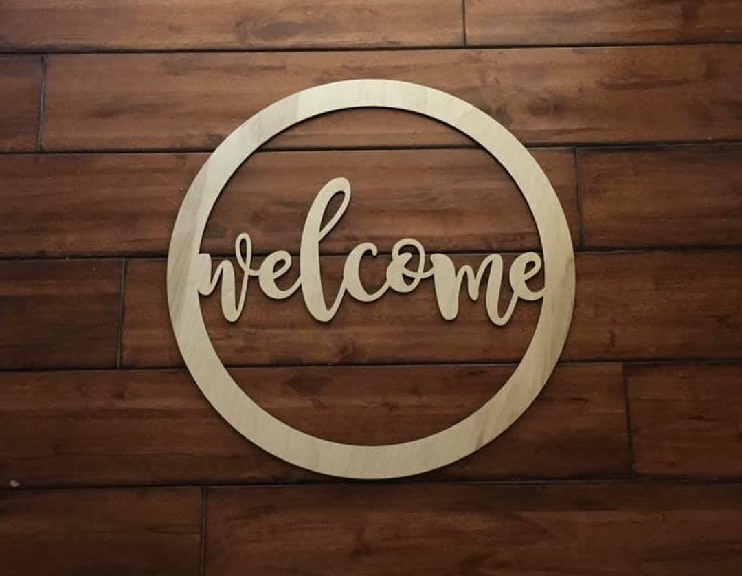 12" Wood Welcome Cursive Word Circle Shape Laser Cutout Custom ...