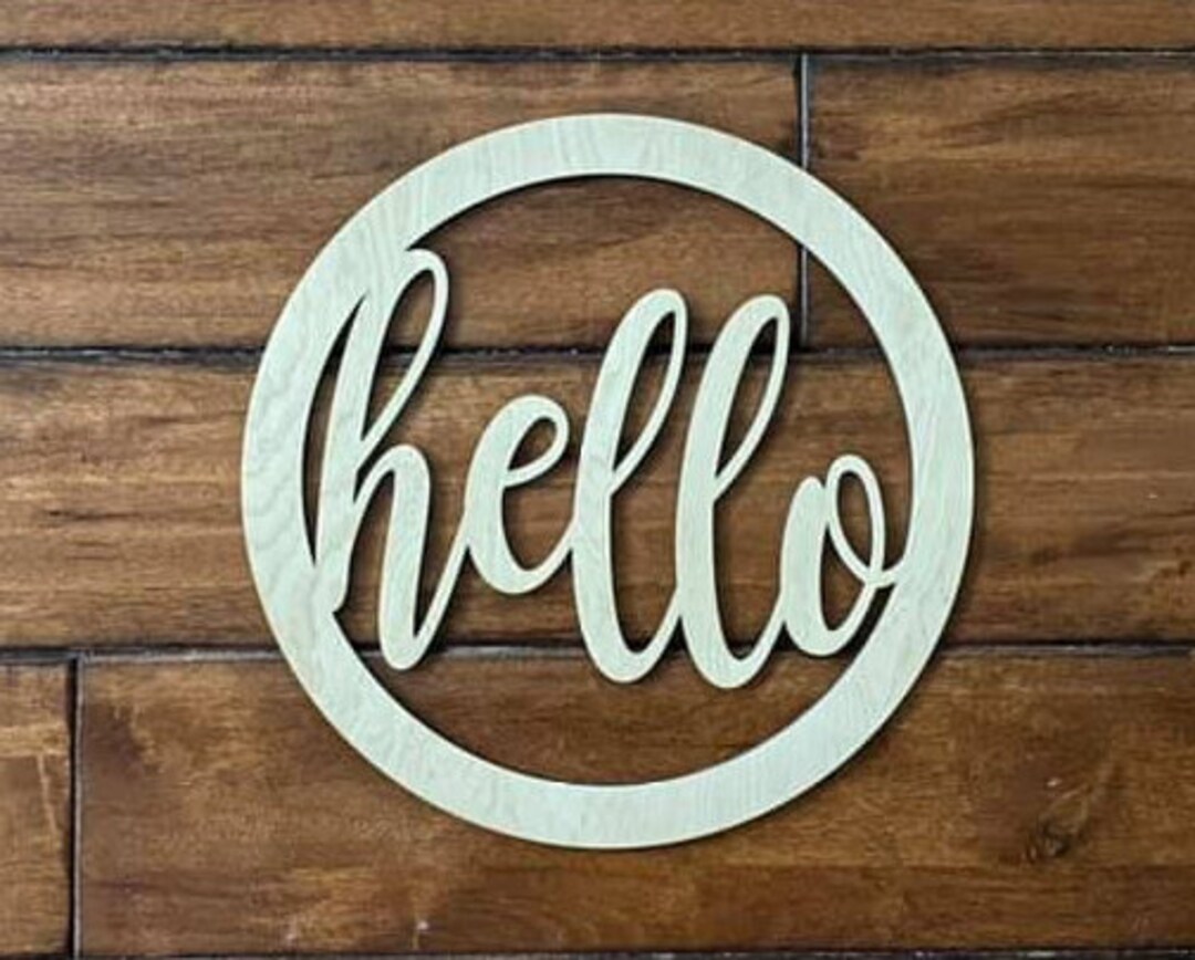 18" Wood Hello Cursive Word Circle Shape Laser Cutout Custom Unfinished ...