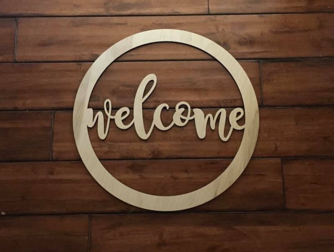 18" Wood Welcome Cursive Word Circle Shape Laser Cutout Custom ...