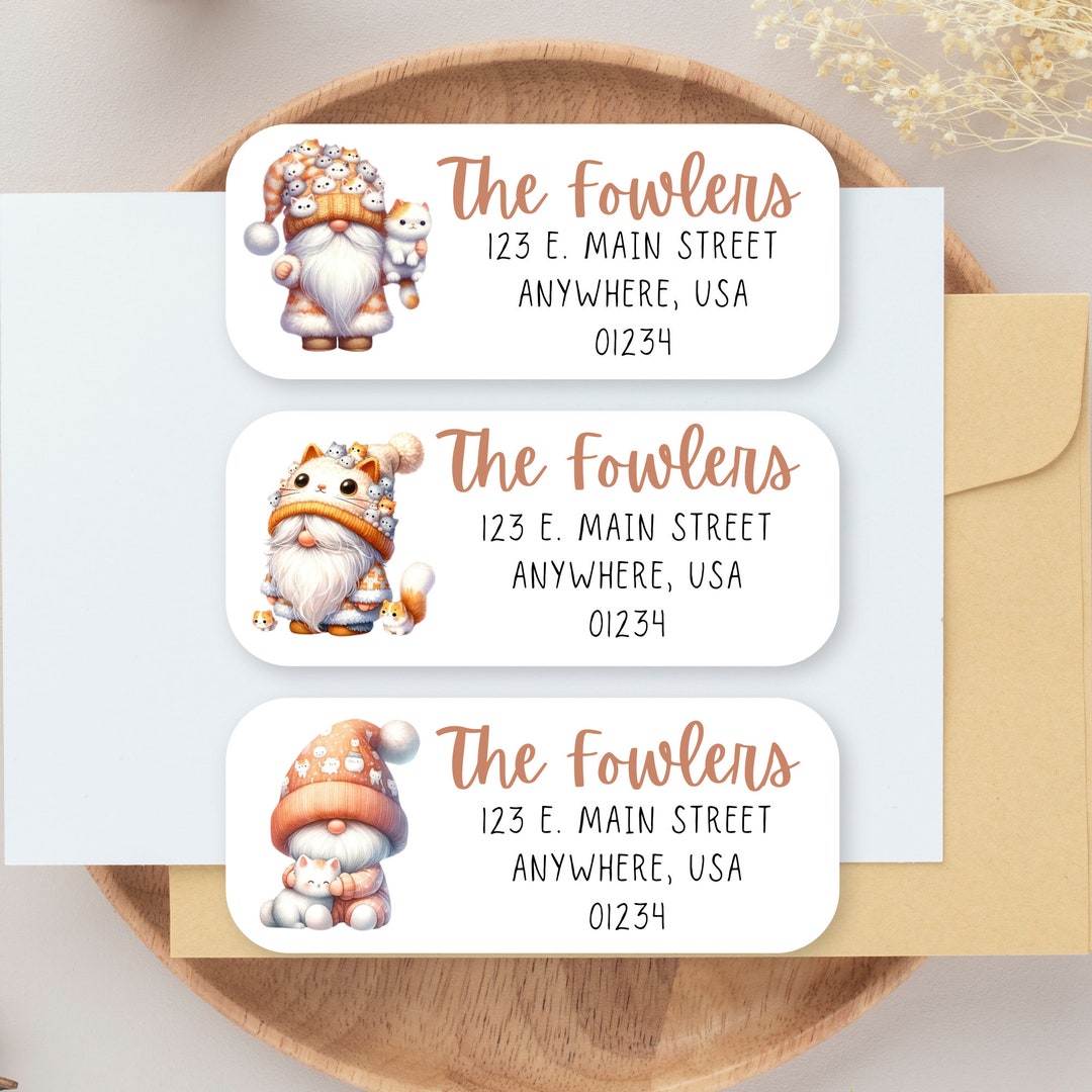 Cat Gnome Address Label Set, Gnome & Cats Return Address Stickers ...