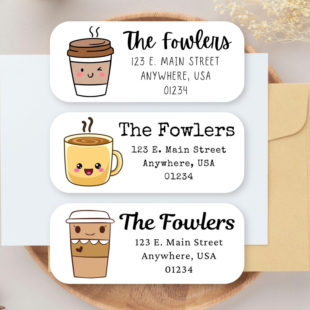 Coffee Address Labels, Kawaii Coffee Cup Return Address Stickers ...