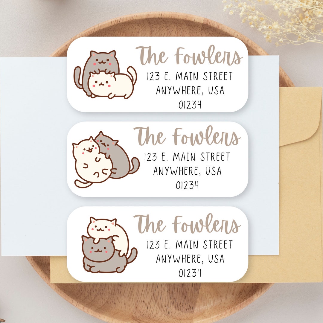 Cat Address Label Set, Kawaii Kitten Mail Return Address Stickers, Cute ...