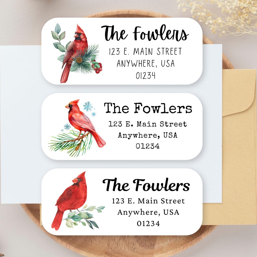 60 Cardinal Address Label Set, Watercolor Cardinal Address Stickers ...