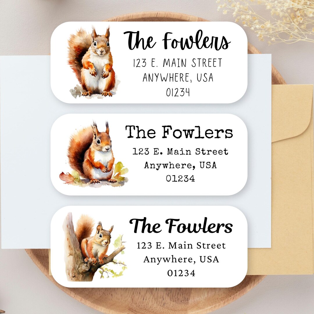 Squirrel Address Label Set, Watercolor Squirrel Return Address Stickers ...