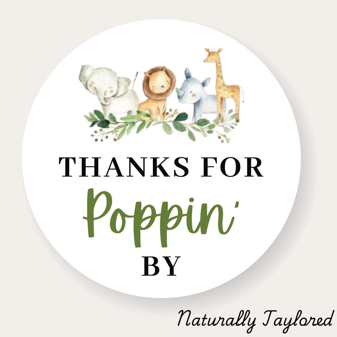 Safari Baby Shower Labels for Popcorn, Thanks for Popping by Stickers ...