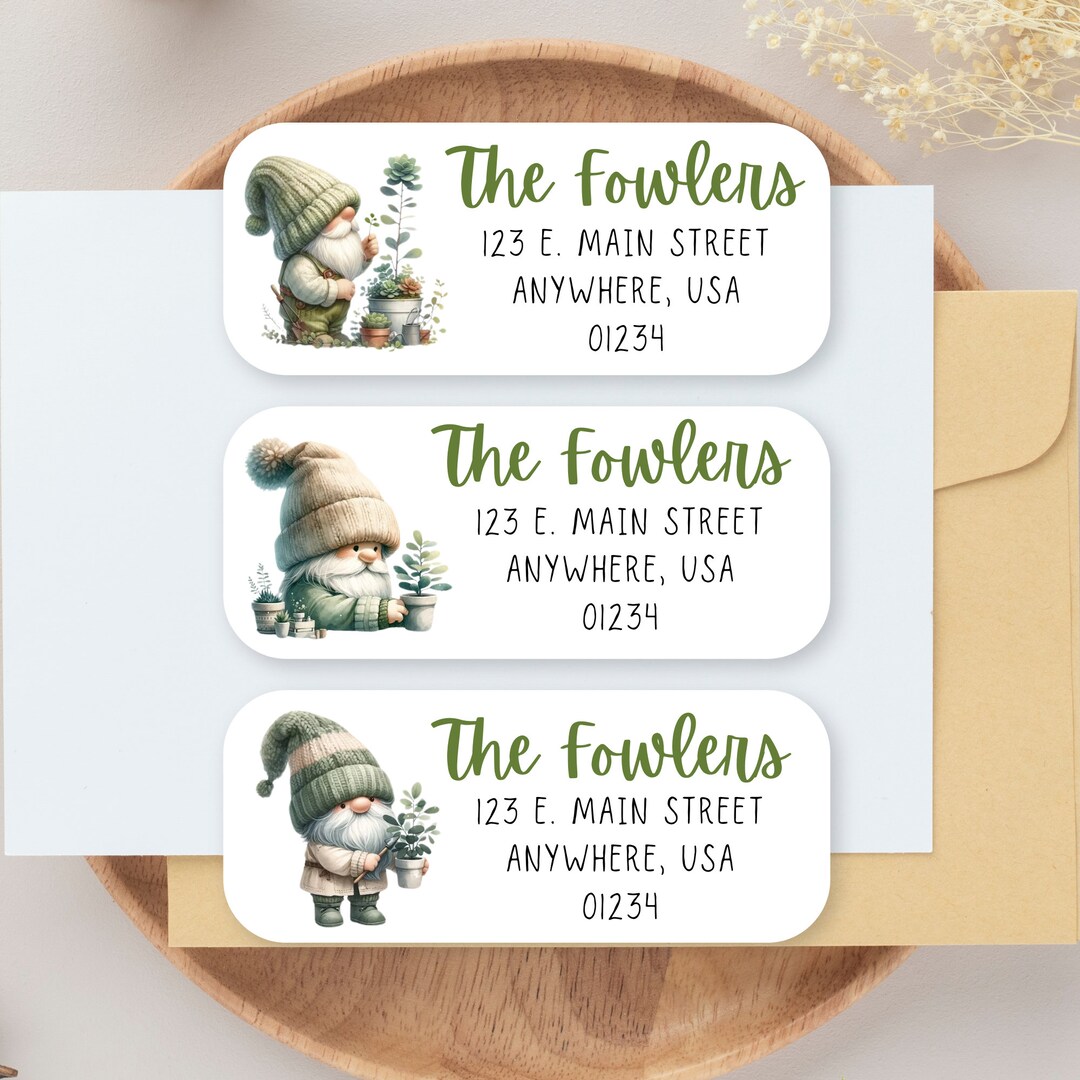 House Plant Gnome Address Label Set, Gnome & Plants Return Address ...