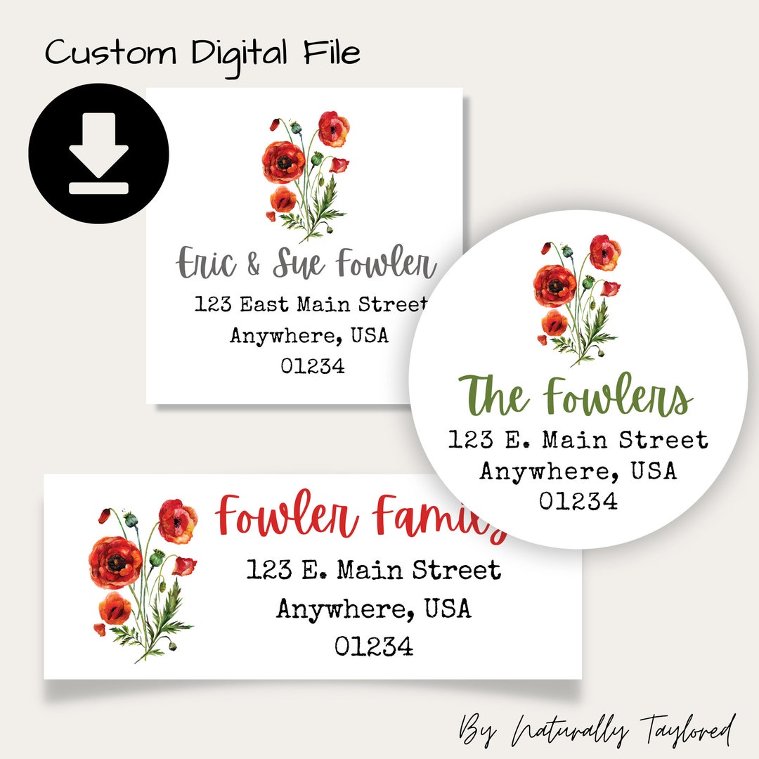 Vintage Poppy Address Labels, Digital Download Address Labels, Round ...