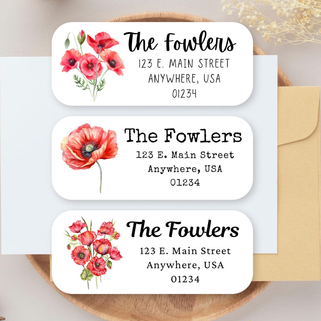 Poppy Address Labels, Poppy Return Address Stickers, Red Poppy Mailing ...