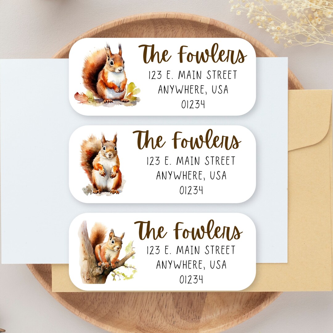 Squirrel Address Label Set, Watercolor Squirrel Return Address Stickers ...