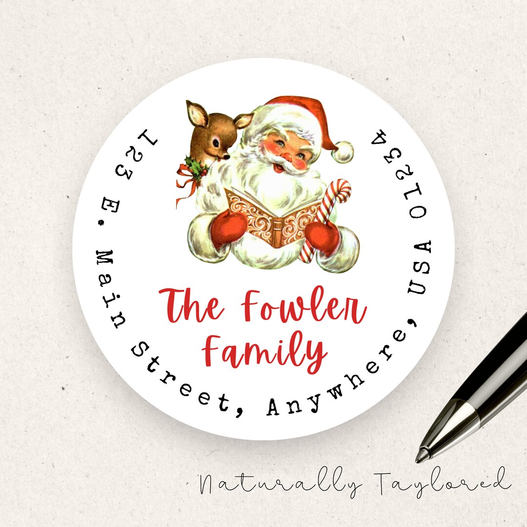 Round Vintage Christmas Address Labels, Santa & Reindeer Return Address ...
