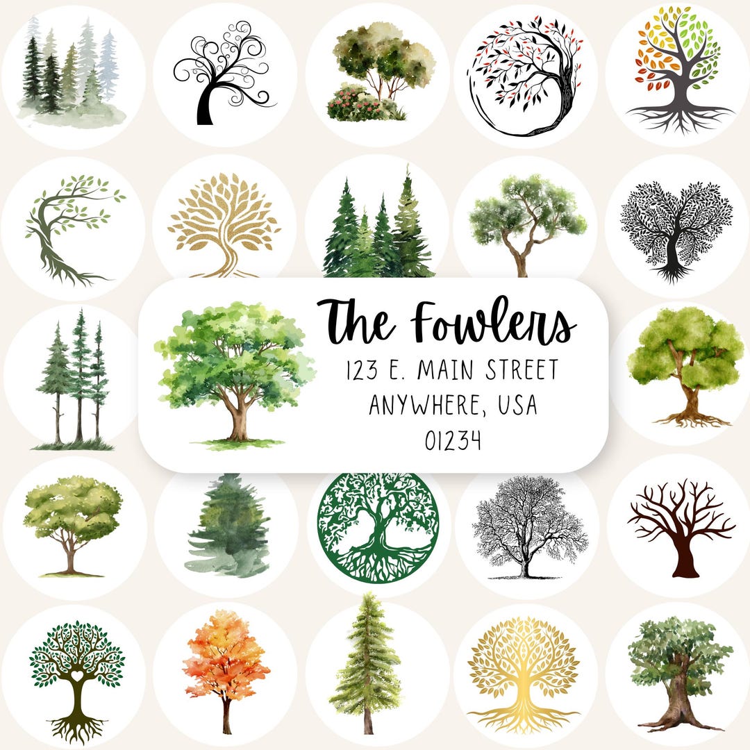 150 Tree Address Labels, Watercolor Tree Return Address Stickers, Pine ...