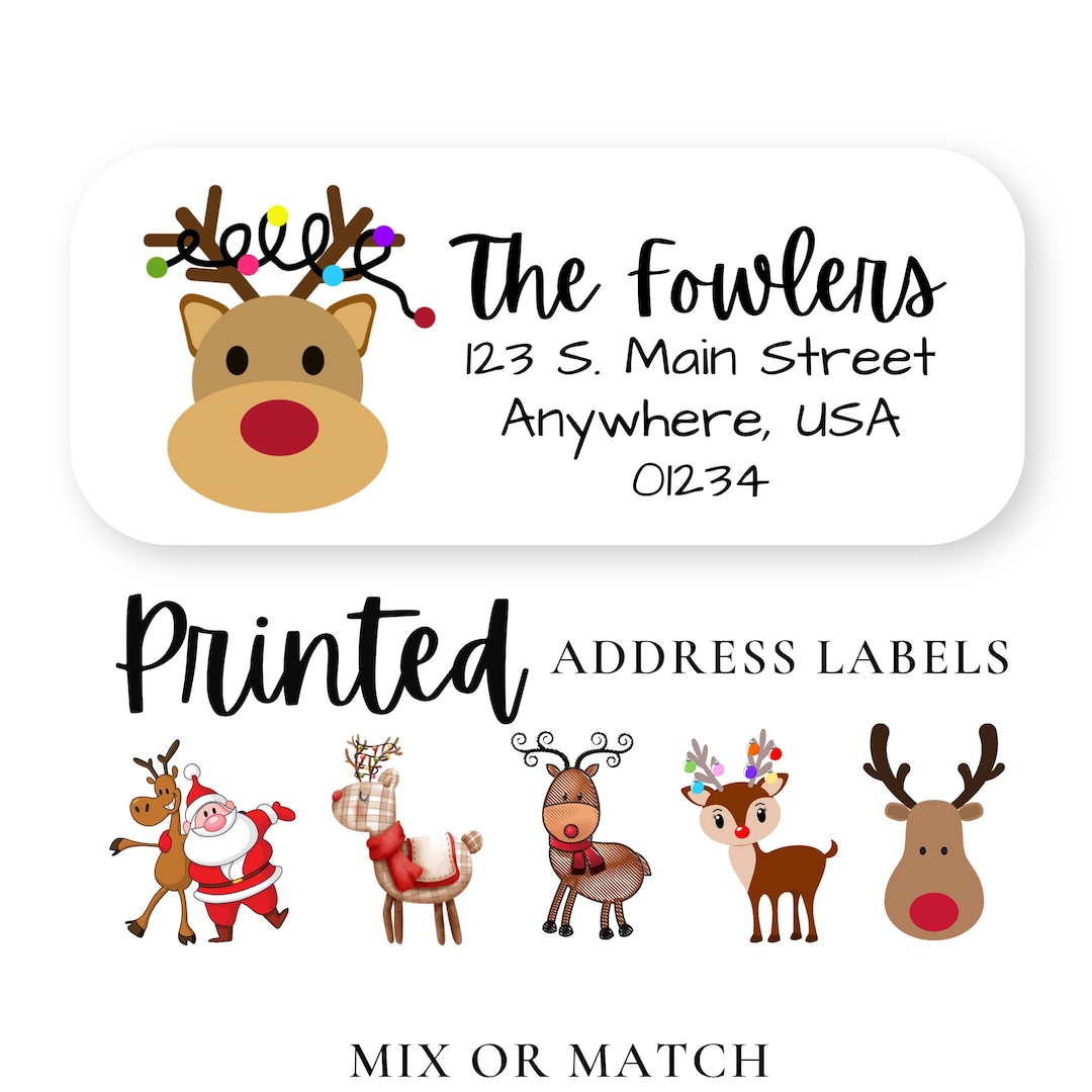 60 Christmas Address Labels, Christmas Reindeer Return Address Stickers ...