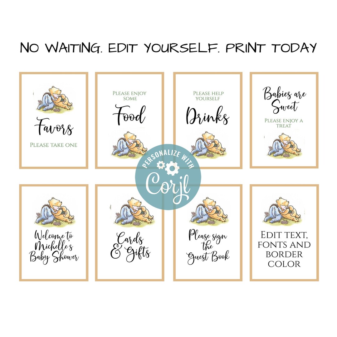 A48, Instant Editable PDF, AA Milne Classic Bear Baby Shower Signs ...