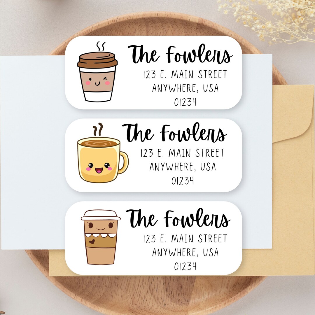 Coffee Cup Address Label Set, Kawaii Coffee Cups Return Address ...