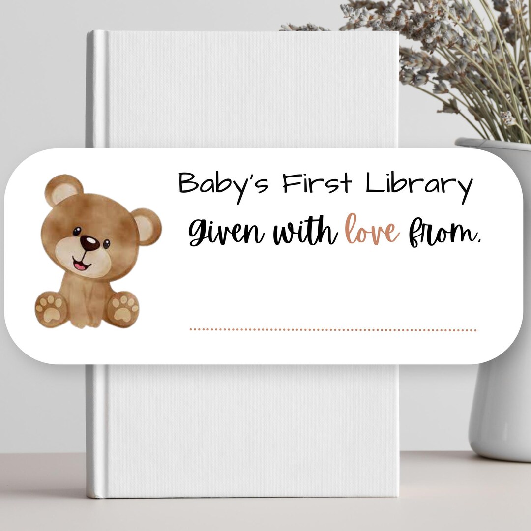 60 Baby's First Library Stickers, Baby Shower Bookplate, Teddy Bear ...