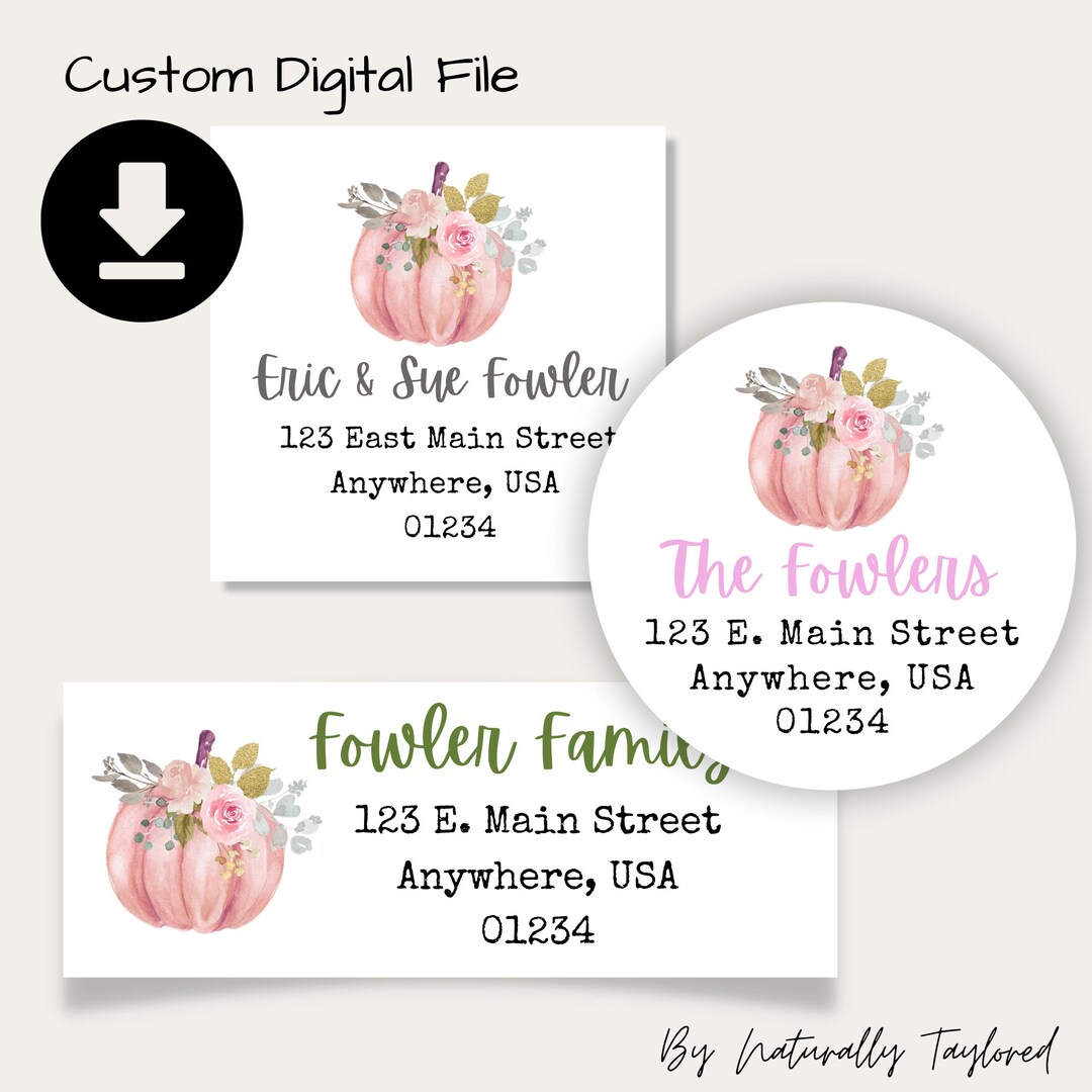 Pink Pumpkin Address Labels, Digital Download Baby Shower Address Labels, Round Pumpkin Return ...