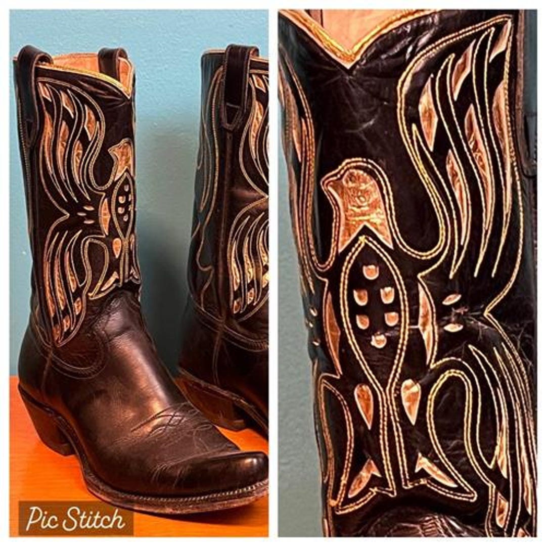 Vintage 1960's Inlaid ACME Cowboy Boots 8 B Black Gold W/ Inlaid Eagles ...