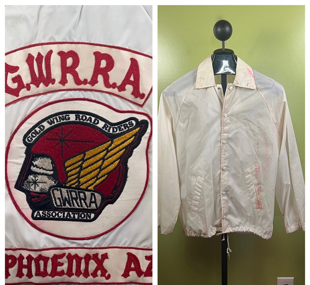Vtg Windbreaker Jacket Sz M 70's White Snap Front GWRRA Gold Wing Patch ...