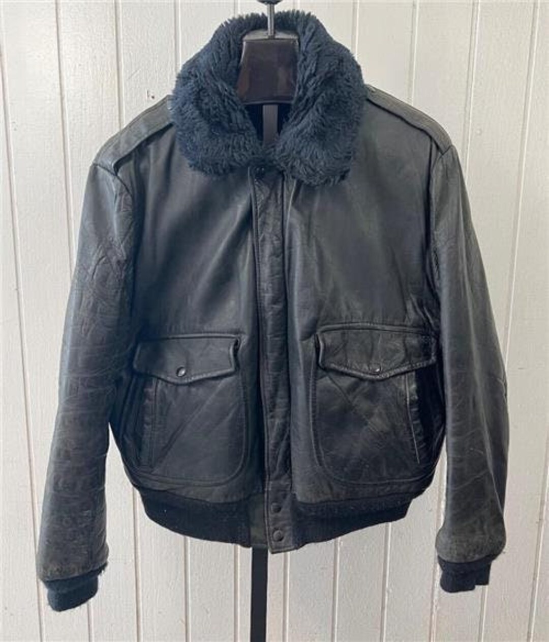 Vtg 60's COOPER Leather Bomber Jacket Sz 46R Black IDEAL Fur Collar - Etsy