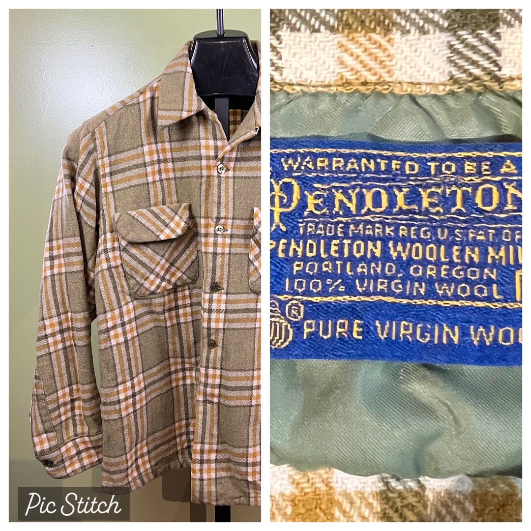 Vintage Pendleton Shirt Sz Large 1950's Green Mustard Plaid Wool ...