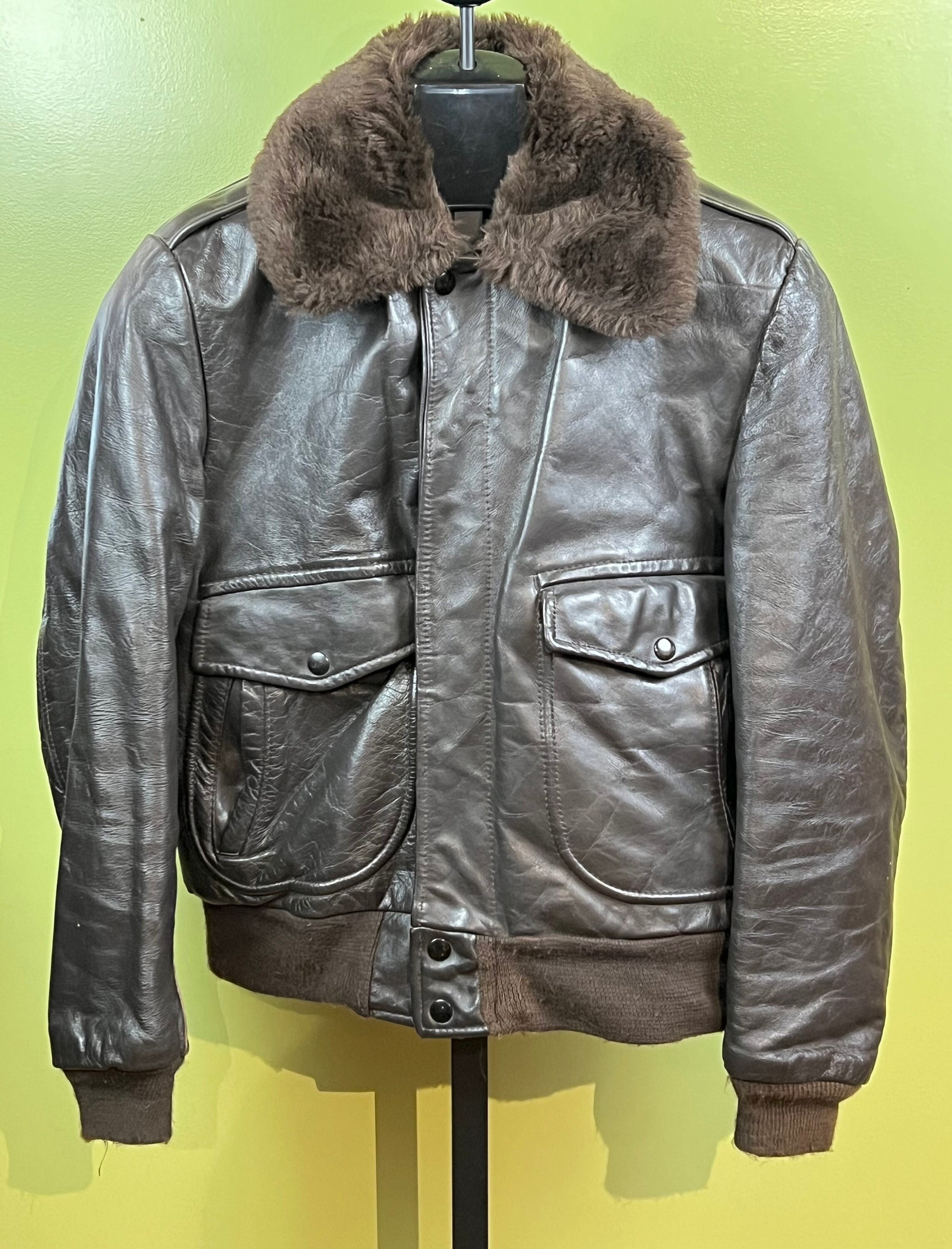 Vtg 1960's COOPER Leather Bomber Jacket Sz 34R Brown IDEAL Pull Fur ...