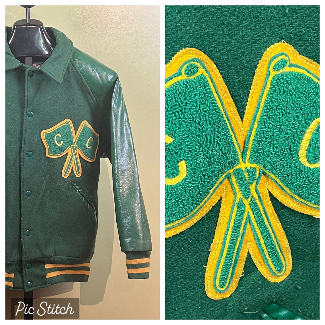 Vtg 70's Fab Knit Letterman Jacket Sz Large Green Vinyl Sleeves "c" - Etsy