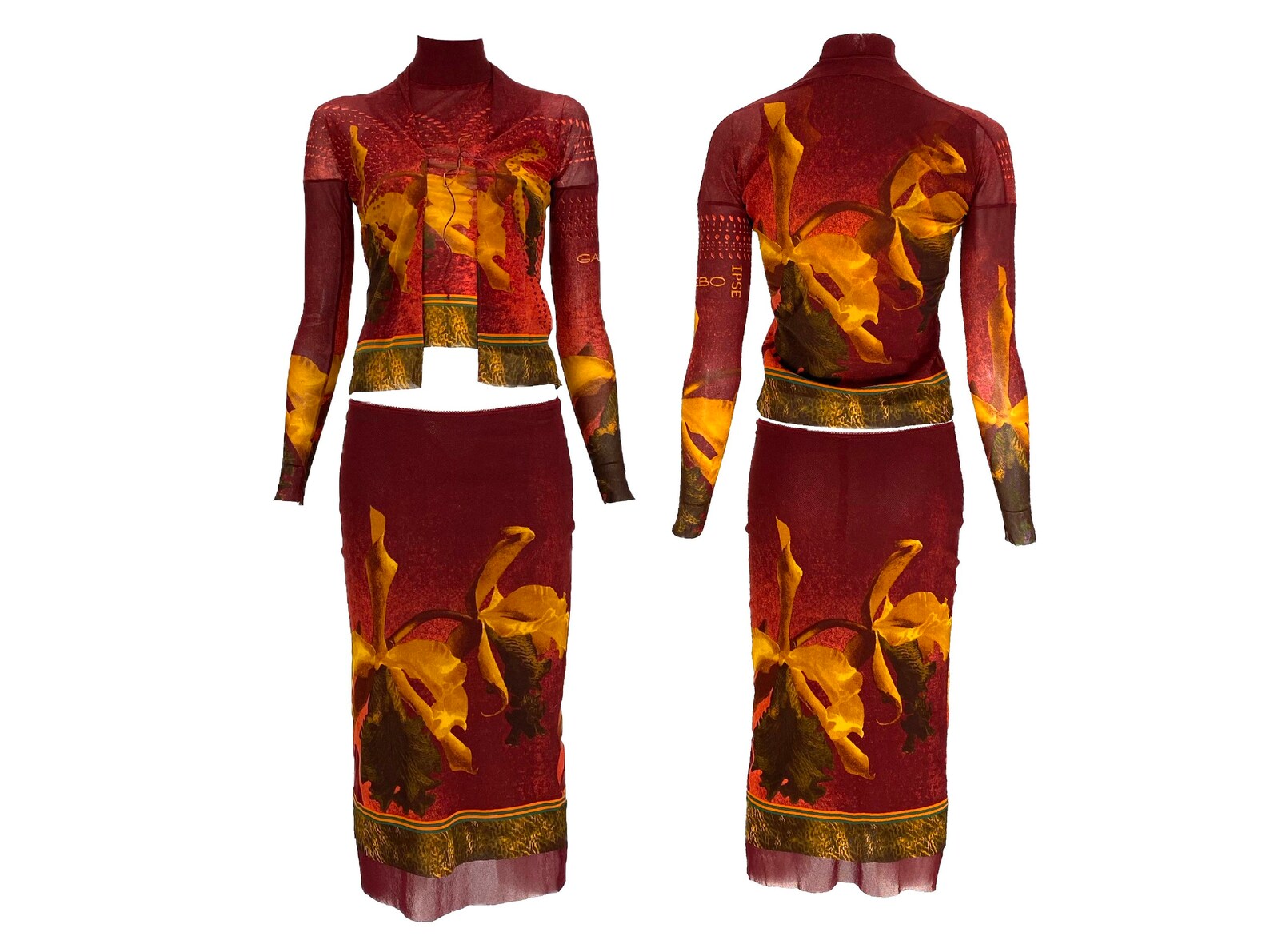 1990s Mesh Set, Floral Mesh Set, 3 Pieces Set, Vintage Mesh Set, Orchid ...