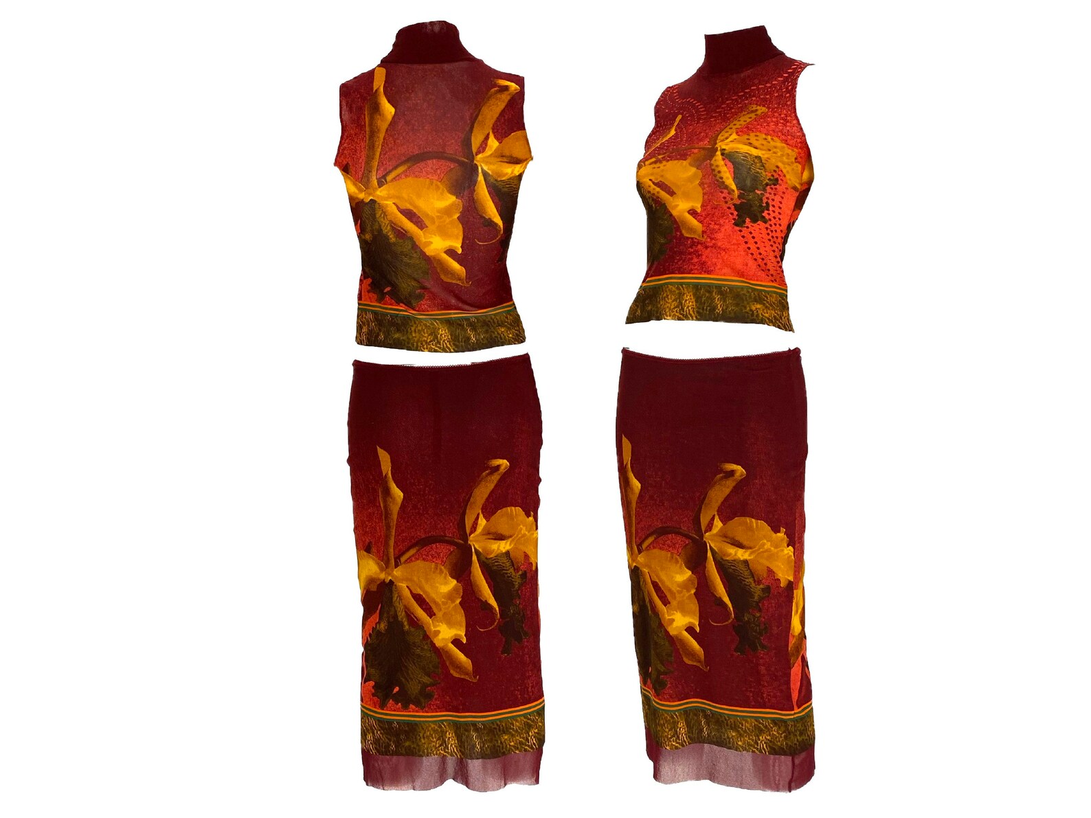 1990s Mesh Set, Floral Mesh Set, 3 Pieces Set, Vintage Mesh Set, Orchid ...