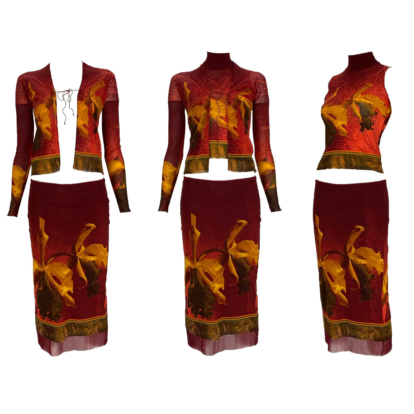 1990s Mesh Set, Floral Mesh Set, 3 Pieces Set, Vintage Mesh Set, Orchid ...