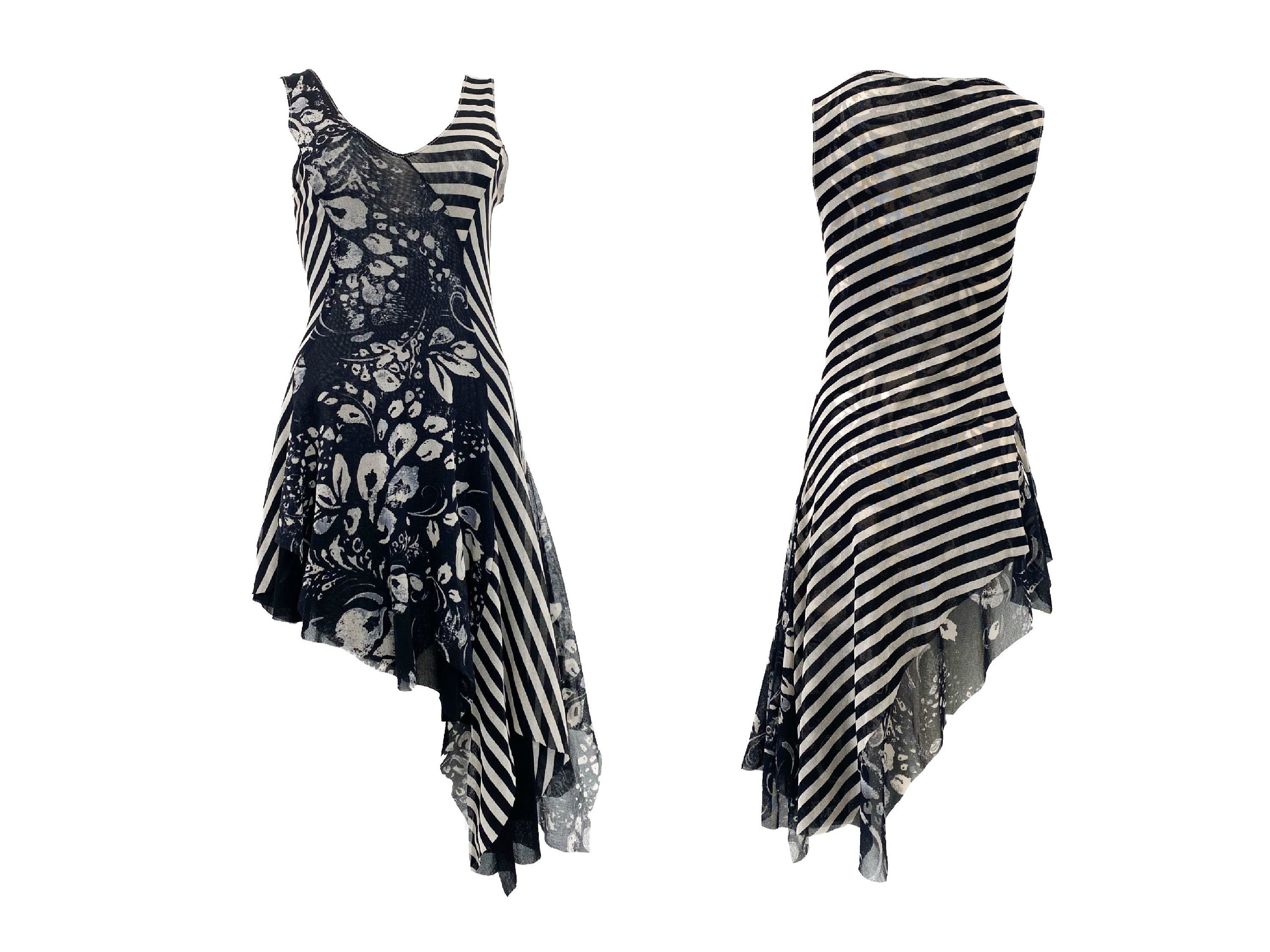 2000s Fuzzi, Y2k Mesh Dress, Asymmetrical Mesh Dress, Stripes Print ...