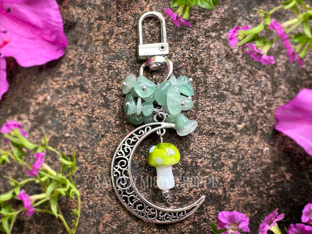 Crescent Moon Keychain With Lampwork Mushroom and Green Aventurine for ...