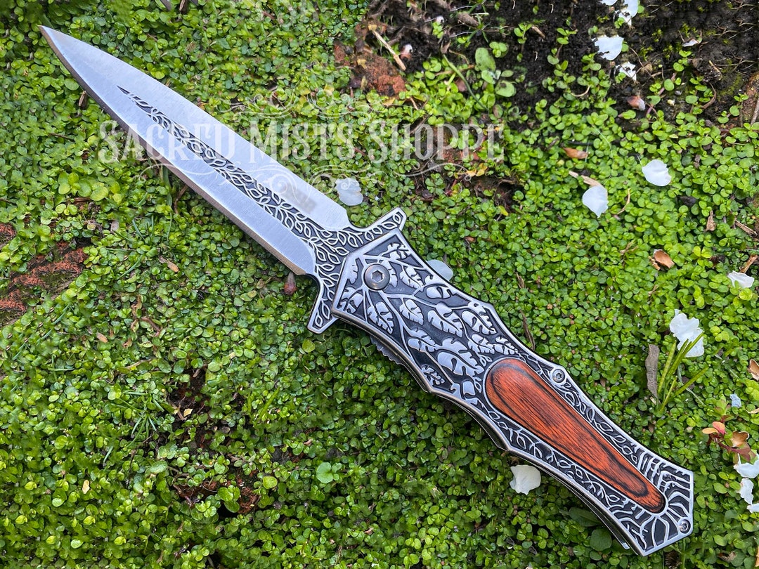 Elven Athame With Ornate Leaf Scrollwork and Pakkawood Folding ...