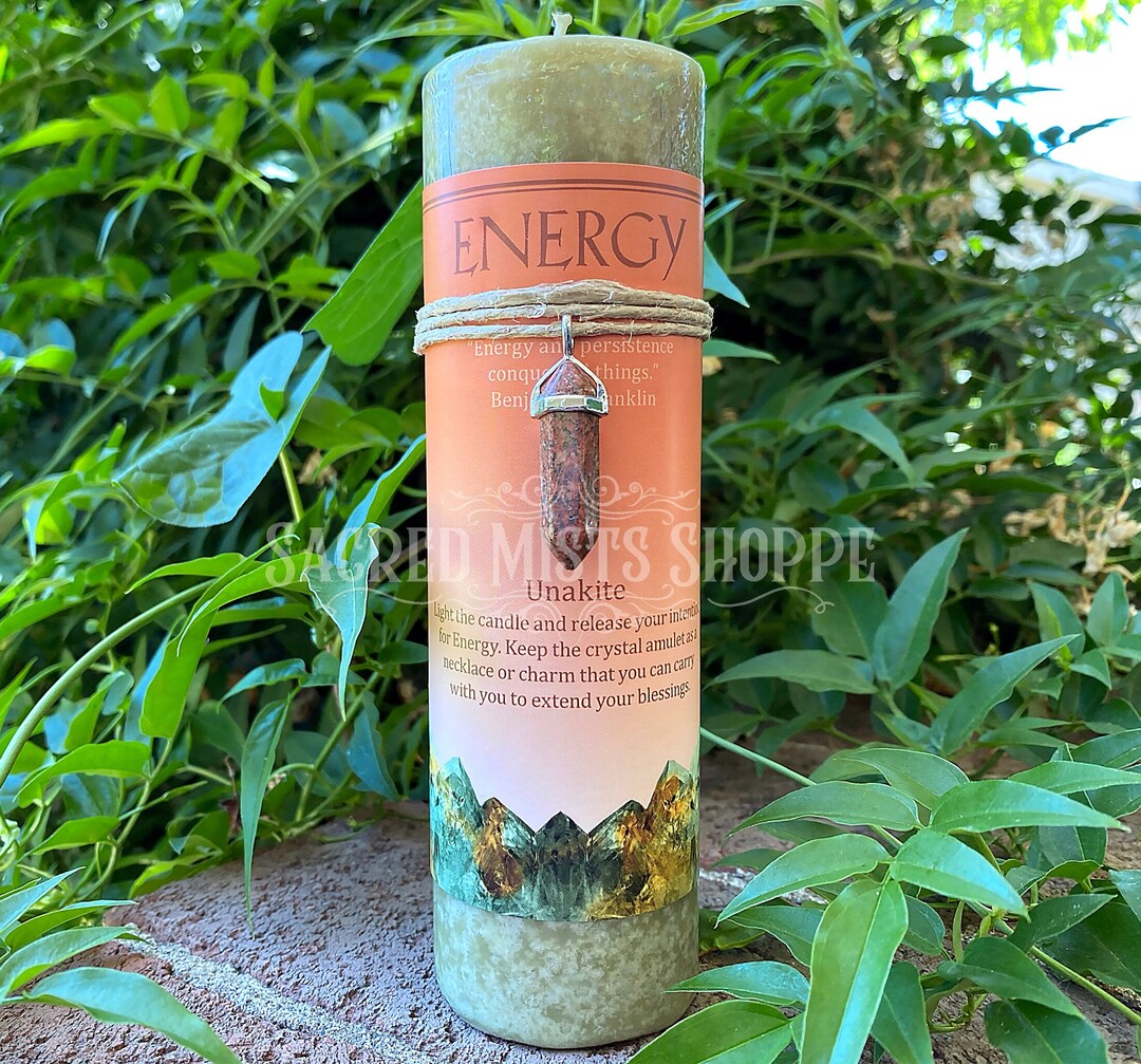 Energy Pillar Candle With Unakite Crystal Pendant for Increasing Energy ...