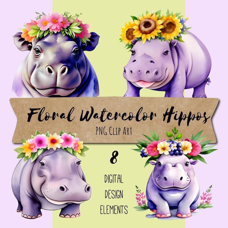 Floral Hippos Clip Art Design Elements - Etsy