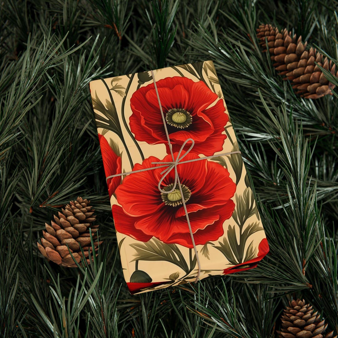Red Poppy Floral Wrapping Papers | Vintage Botanical Gift Wrap Roll - Etsy