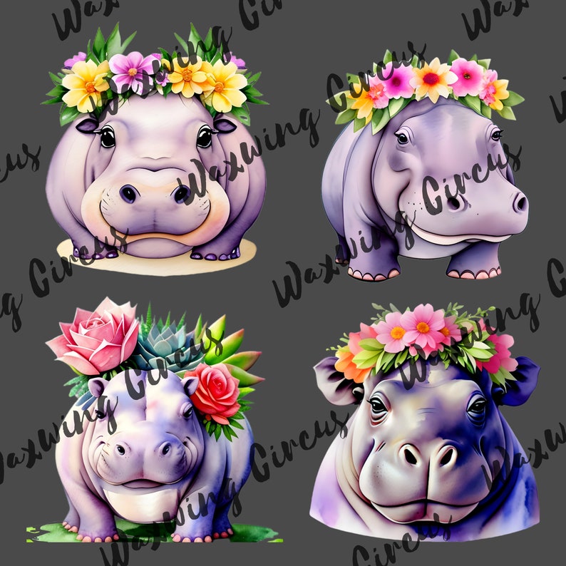 Floral Hippos Clip Art Design Elements - Etsy