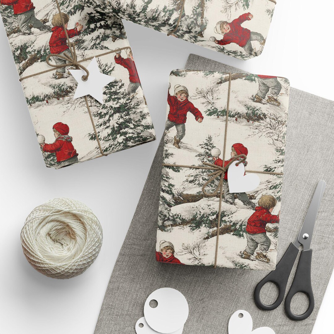 Vintage Ice Snowball Fight Wrapping Paper | Holiday Snow Pattern - Etsy