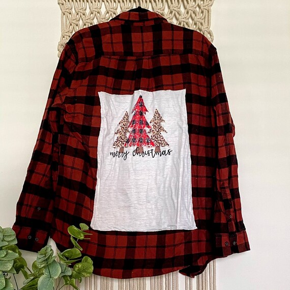 Merry Christmas Tree Flannel Shirt Upcycled Shirt Recycled | Etsy