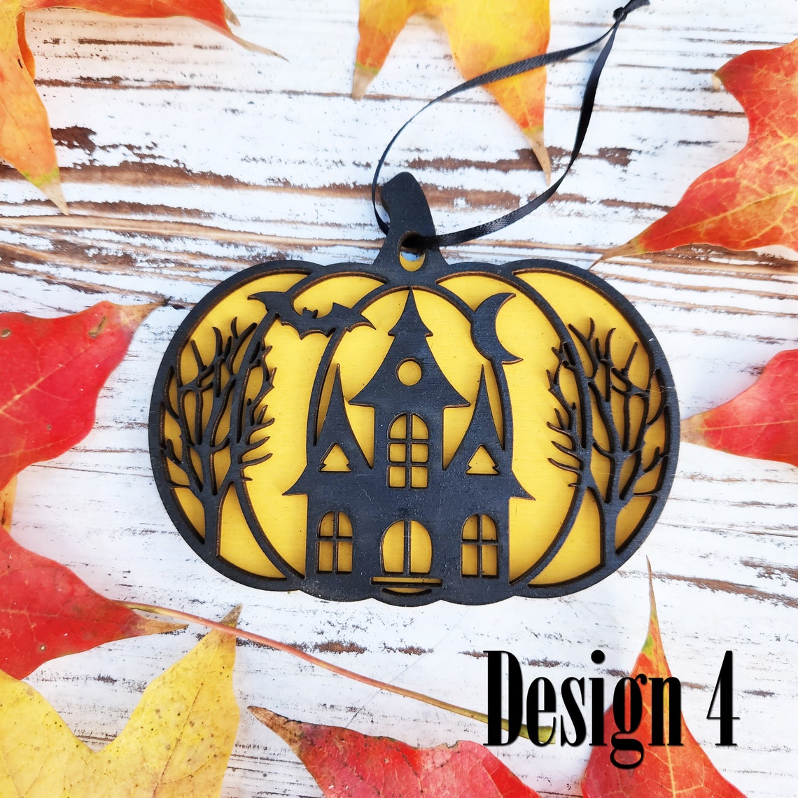 Spooky Wood Pumpkin Ornaments / Ghost Bats Cat and Haunted House ...