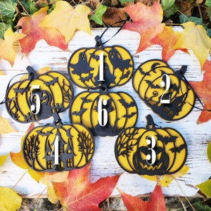 Spooky Wood Pumpkin Ornaments / Ghost Bats Cat and Haunted House ...