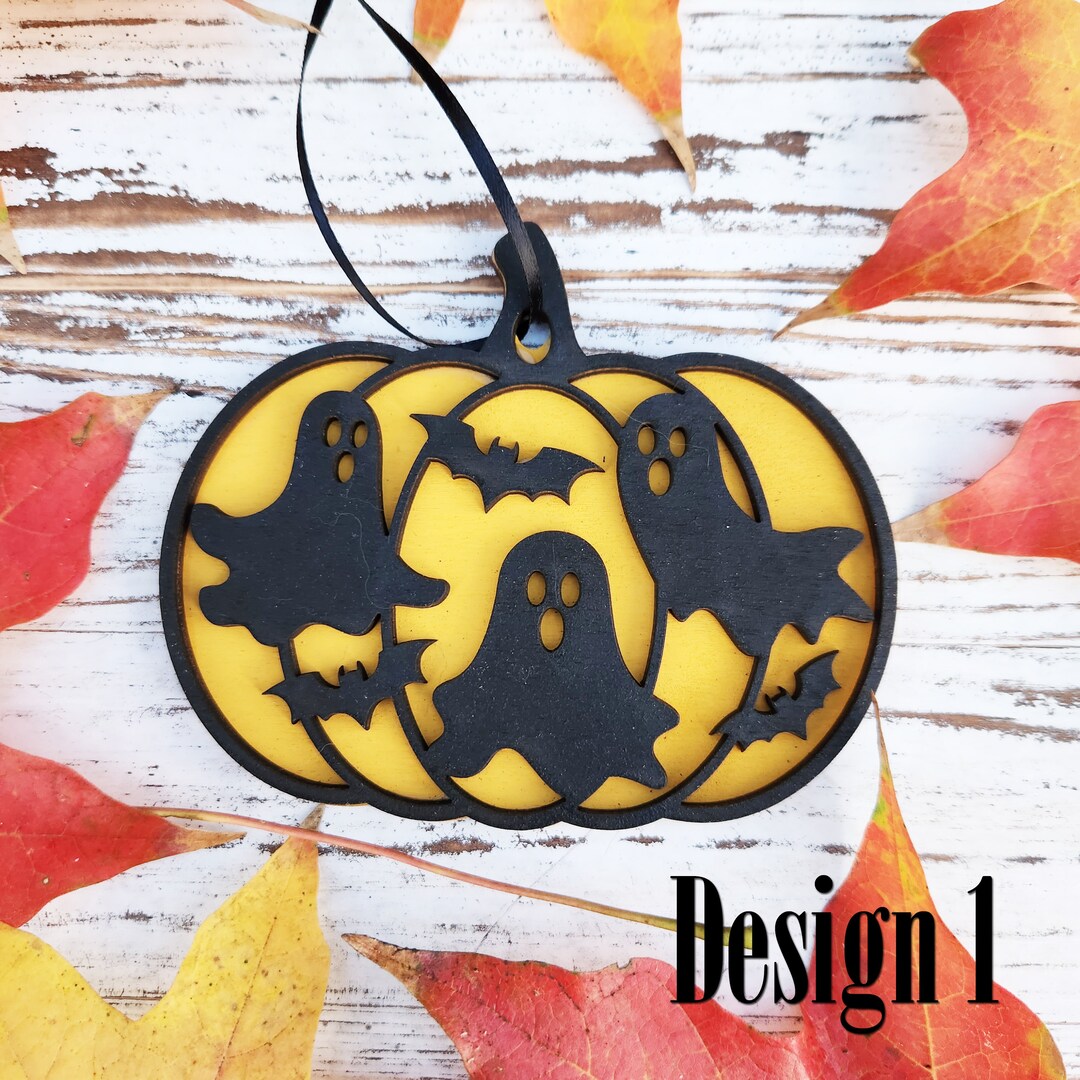Spooky Wood Pumpkin Ornaments / Ghost Bats Cat and Haunted House ...