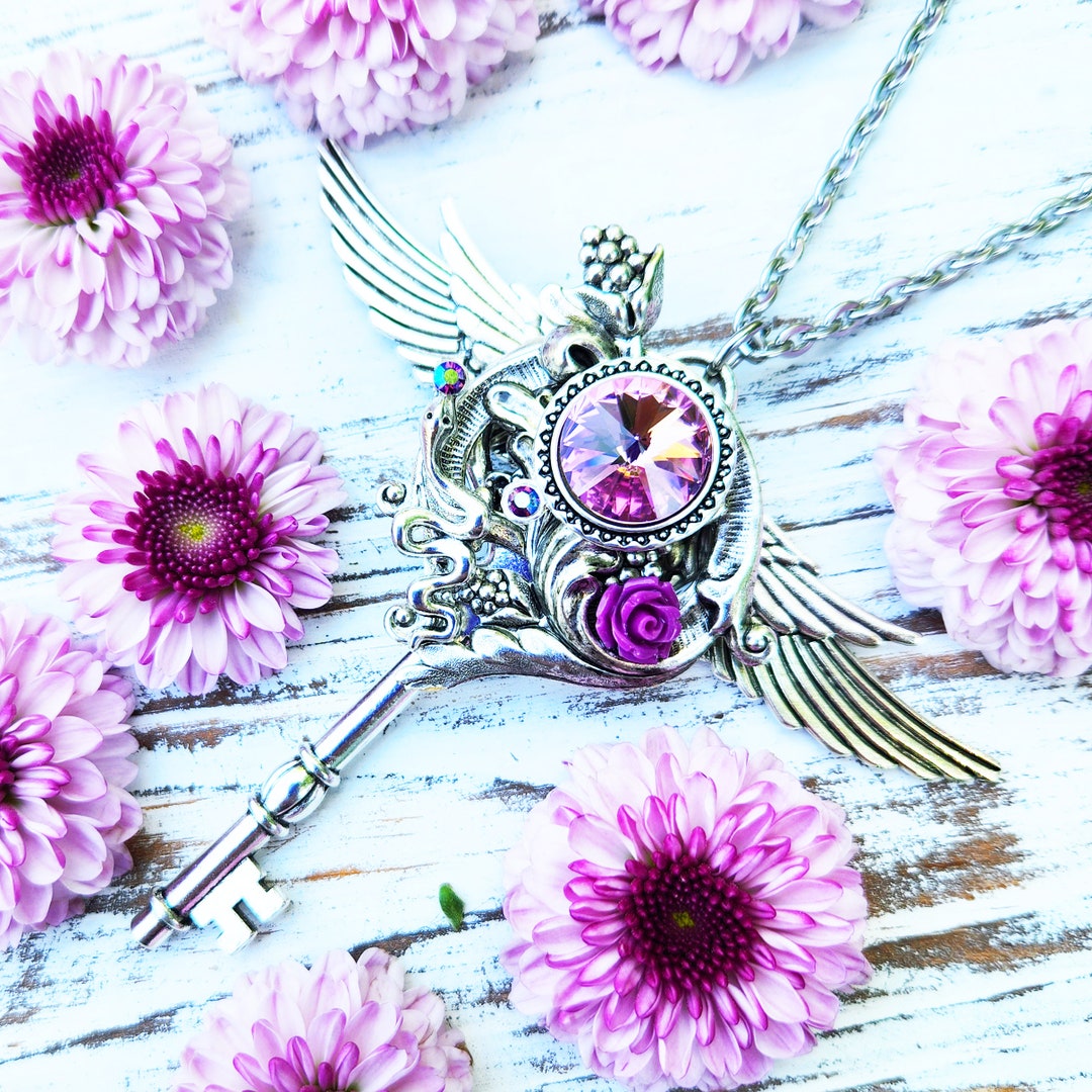 Pendentif clé squelette améthyste serpent et rose / Clé fantaisie de ...